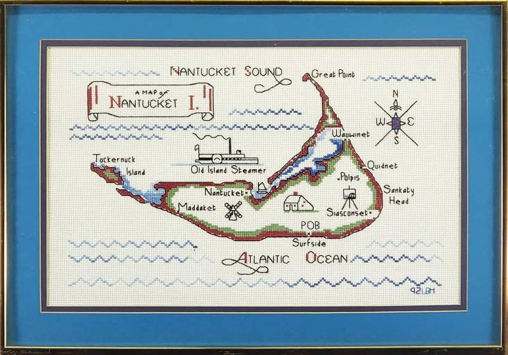 Vintage Needlepoint Pictorial Map Of Nantucket, 20th Century