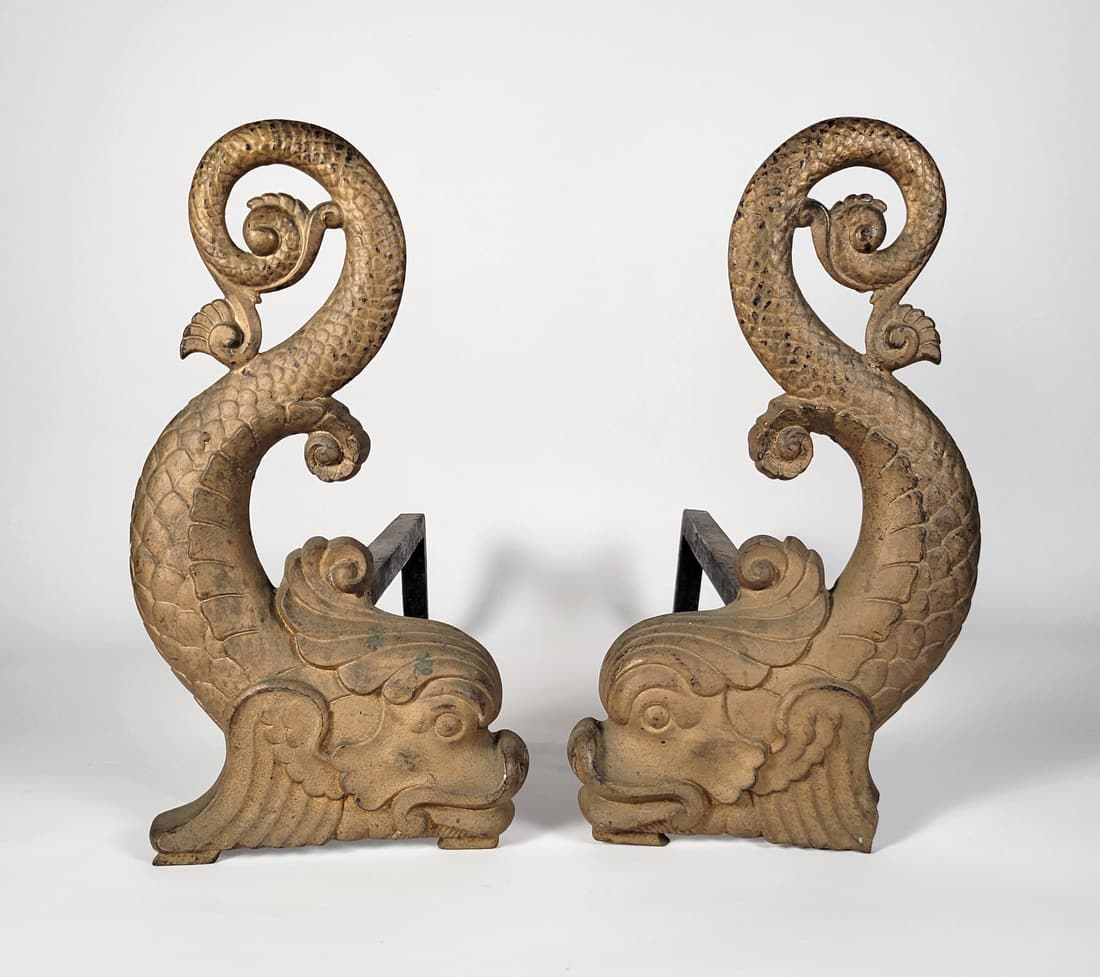 Pair Of Antique Figural Bradley & Hubbard Cast Iron Dolphin Andirons ...