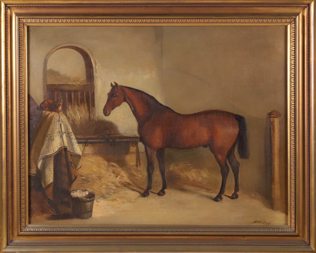 John Mcleod Oil On Canvas "horse And Cat In Stable" Auction