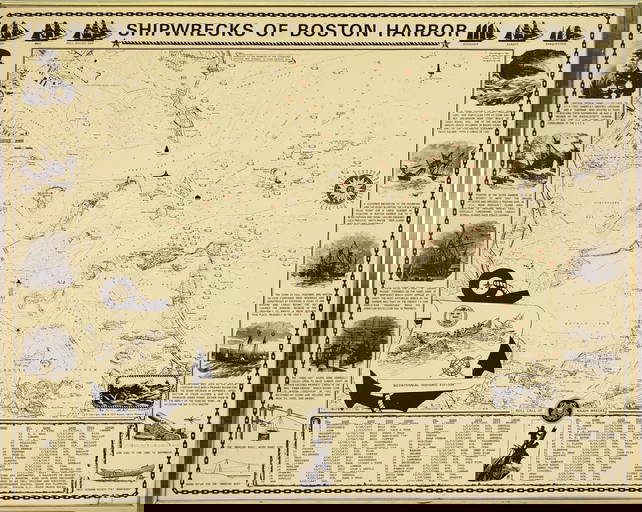 Vintage, 'shipwrecks Of Boston Harbor" Pictorial Chart Map, 20th Century