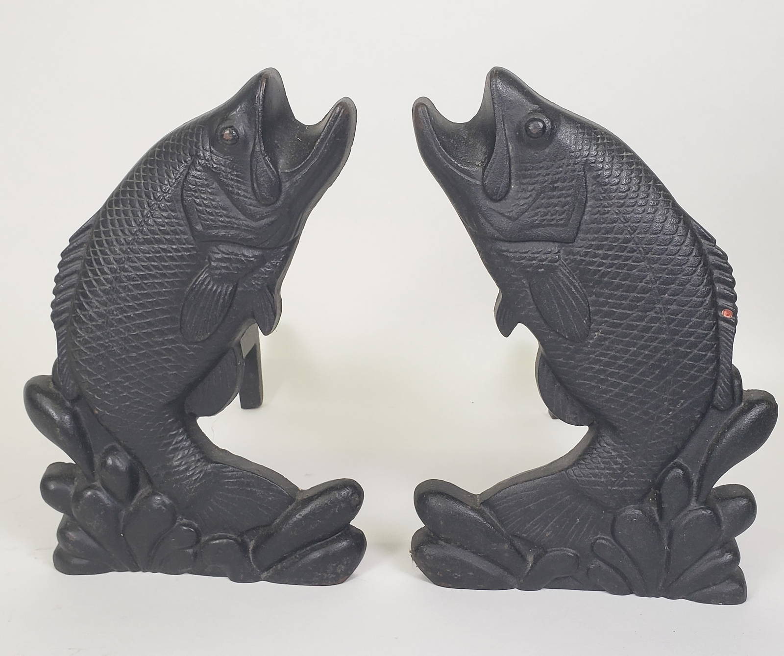 Pair Of Vintage Cast Iron Figural Salmon Fish Andirons, 20th Century ...