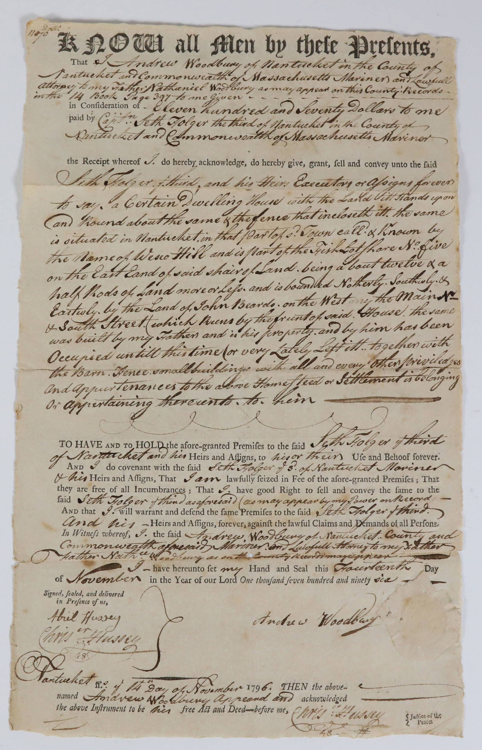 1796 Land Deed For 22 Orange Street, Nantucket Island, "andrew Woodbury ...