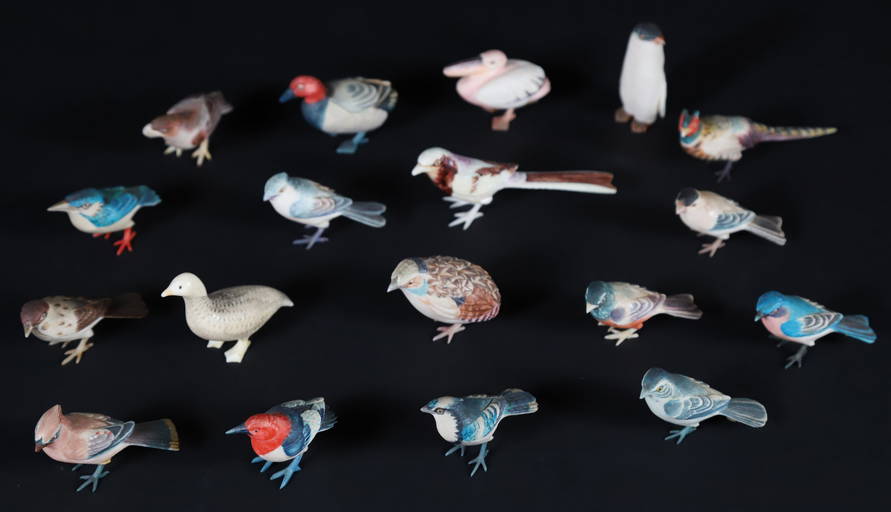Group Of Eighteen Vintage Carved And Polychromed Bone Birds