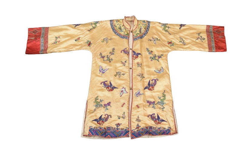 Chinese Embroidered Yellow Silk Robe.
