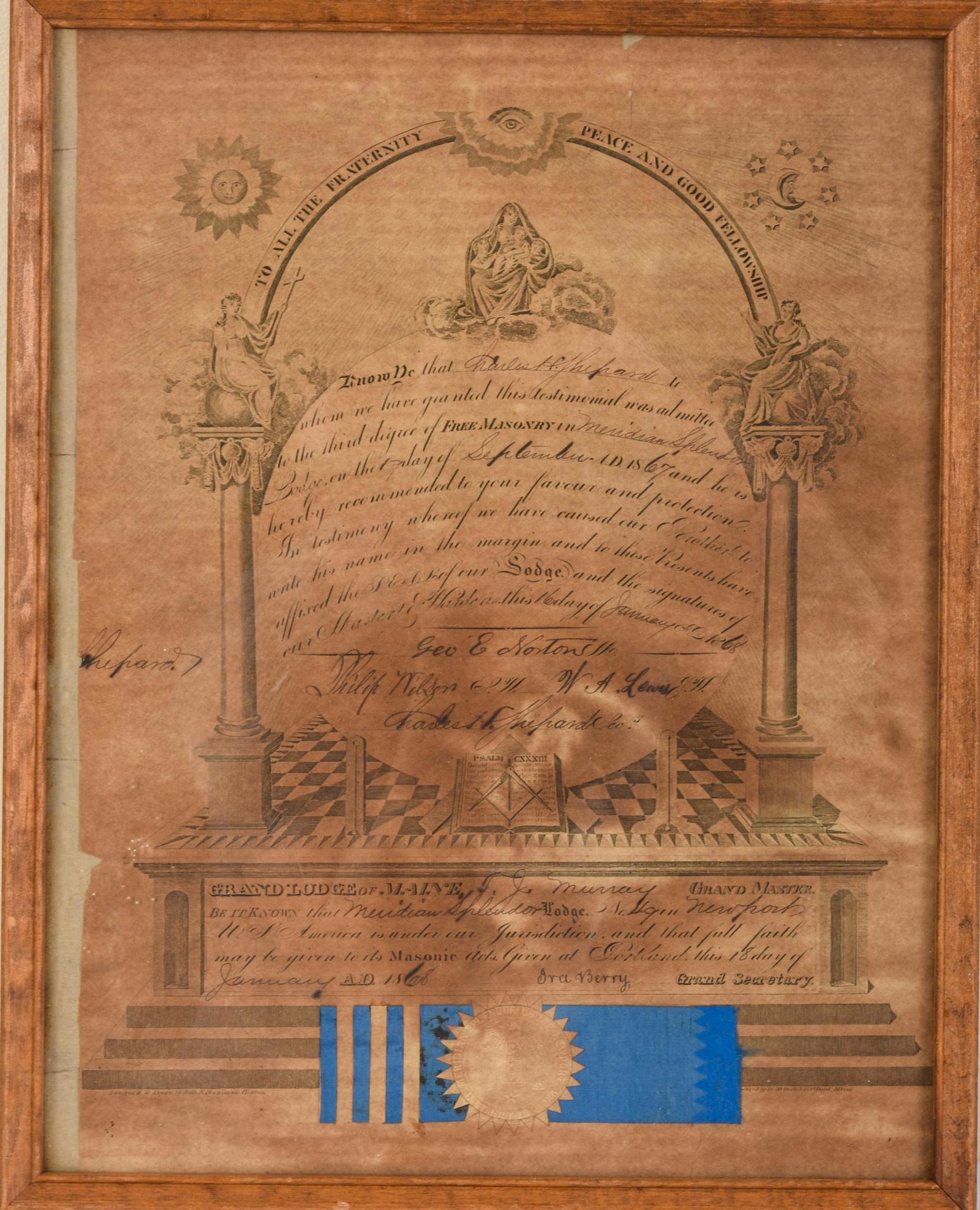 Newport, Maine Masonic Membership Certificate.