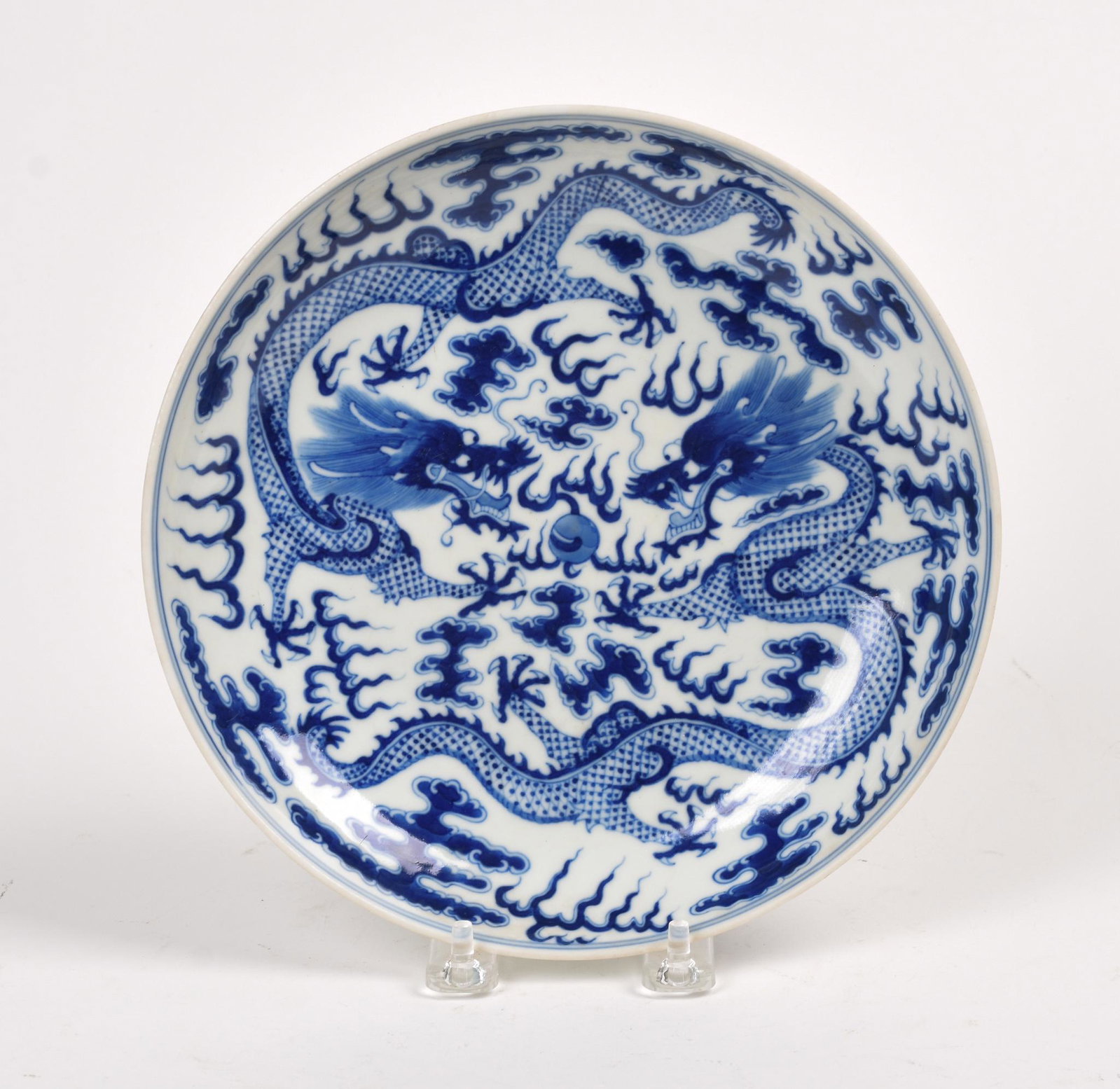 Chinese Blue And White Plate With Dragons.