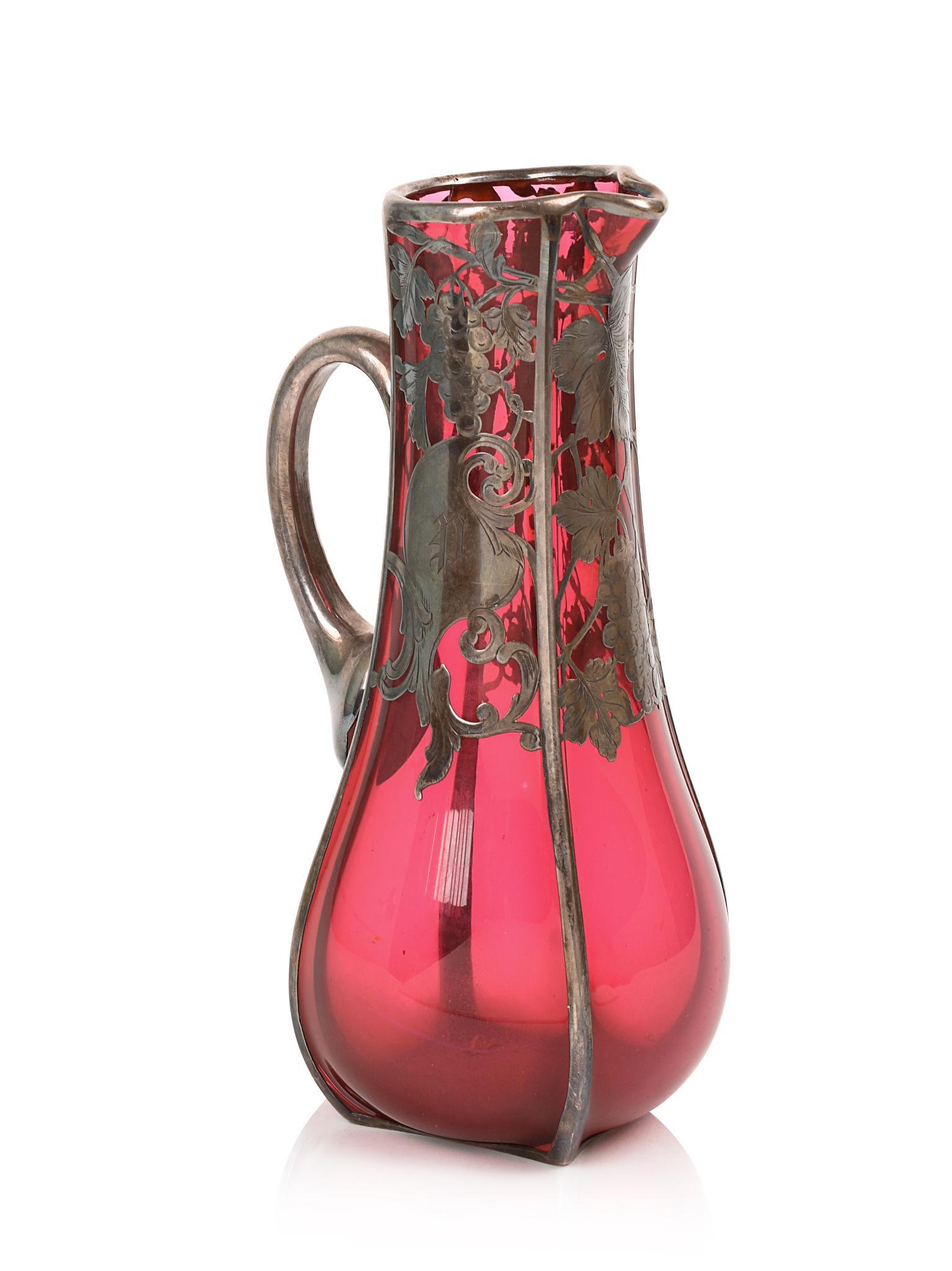 Ruby Red Glass Pitcher With Silver Overlay.