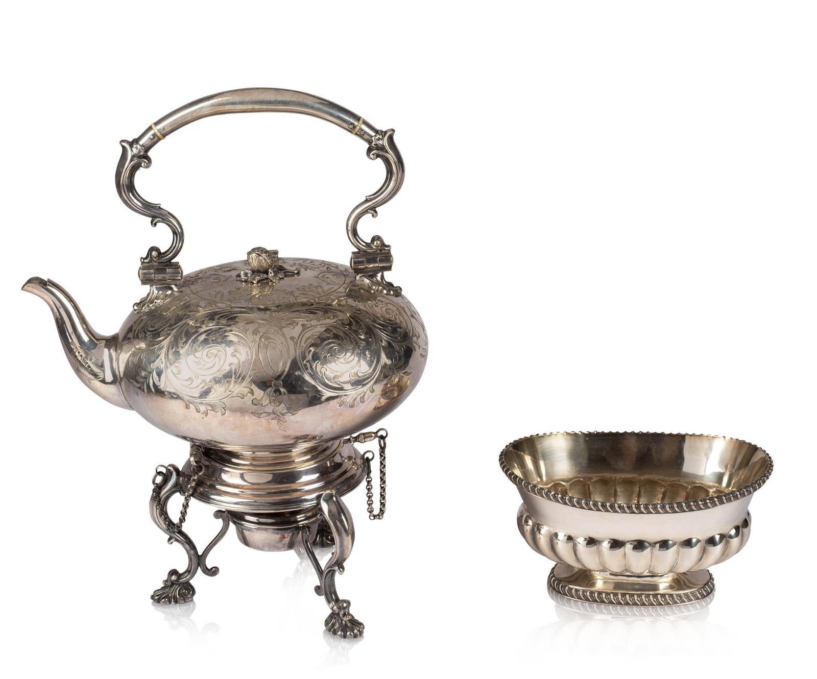 Silverplate Kettle On Stand And A Footed Bowl. Auction