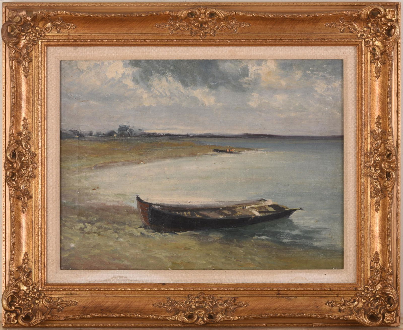 Oil On Canvas Of A Beached Dory. Auction