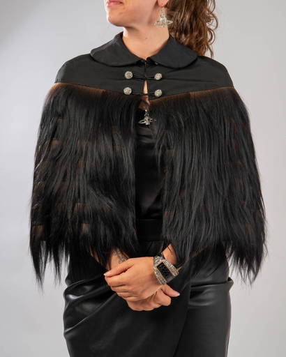 Black Fur Cape With Rhinestone Buttons