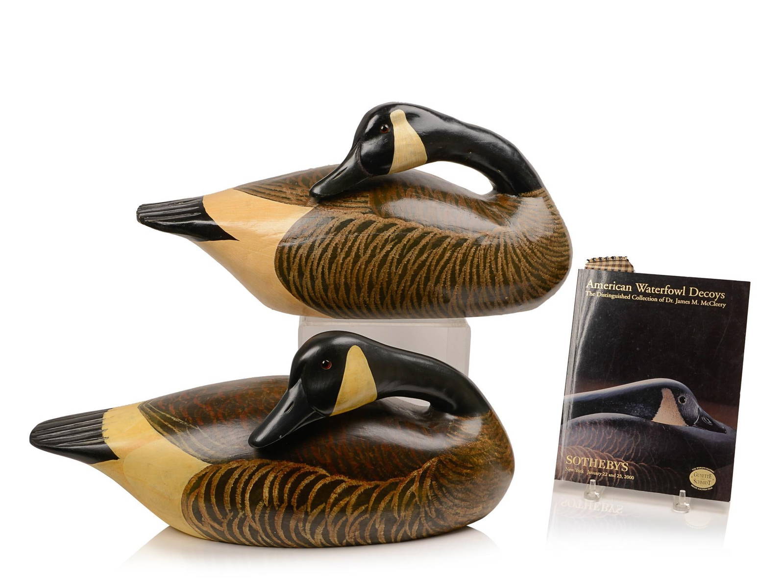 Pair Of Preening Goose Carvings After George Boyd. Auction