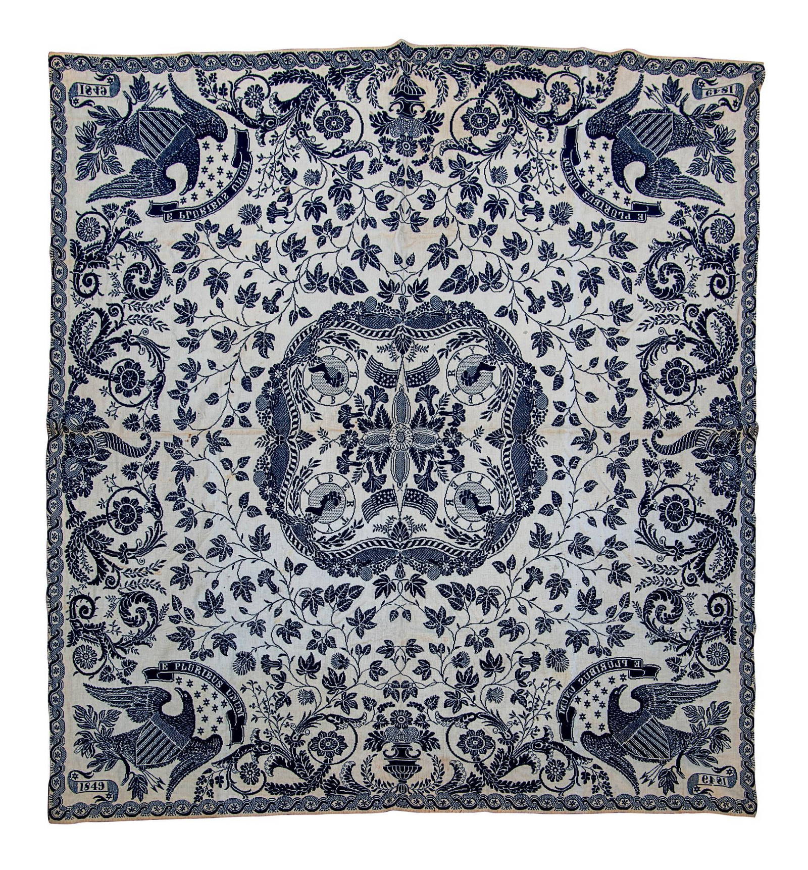 1849 E. Pluribus Unum Blue And White Coverlet. Auction