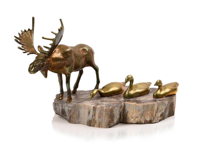 Three Brass Ducks, Metal Moose And Geode Slab