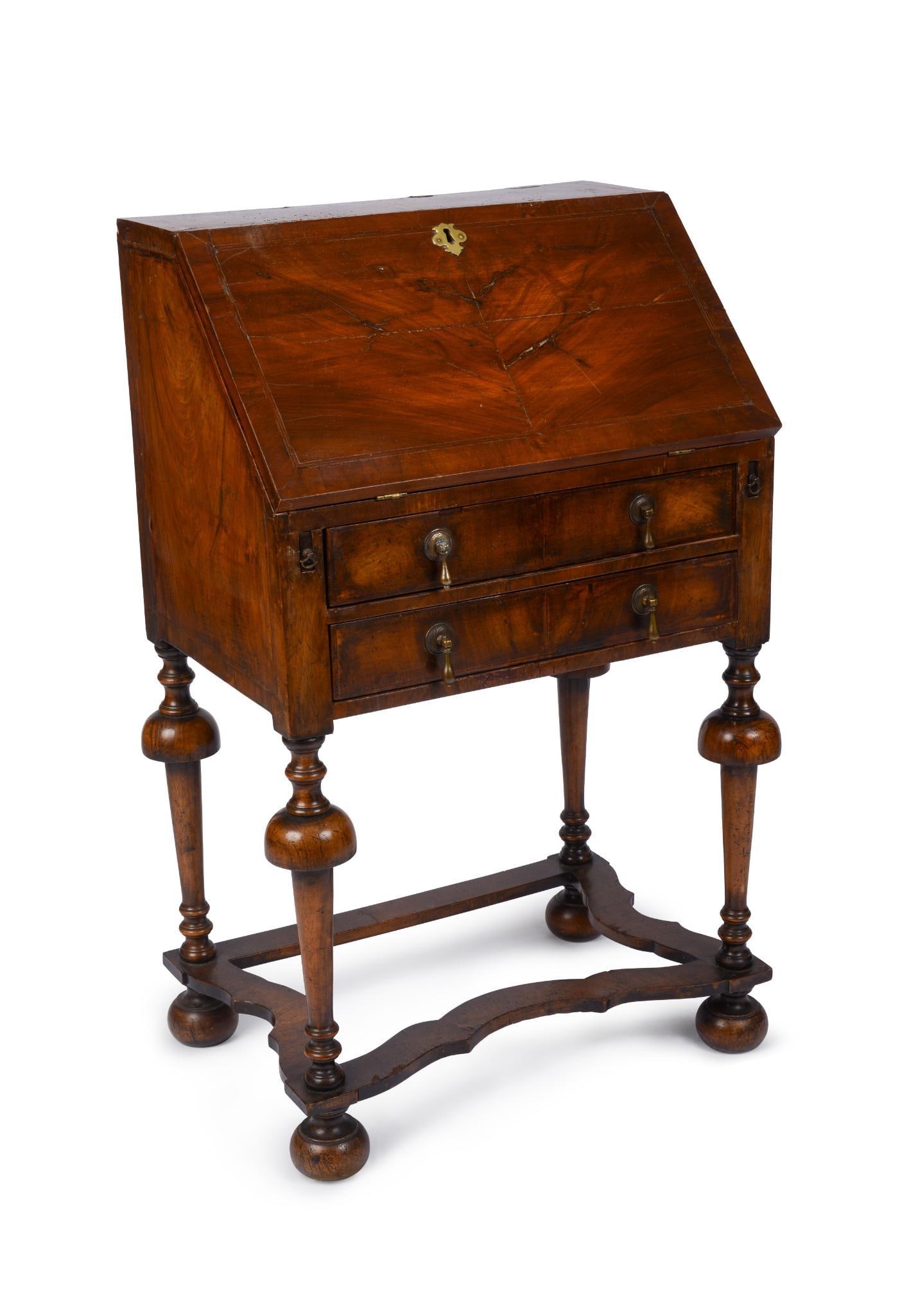 19th C Burl Walnut William & Mary Diminutive Slant Front Desk. Auction