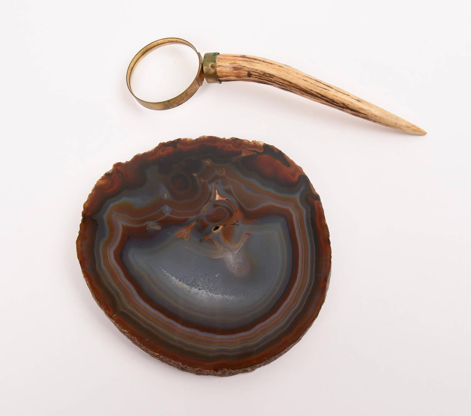 Geode Slab And A Bone Handled Magnifying Glass. Auction