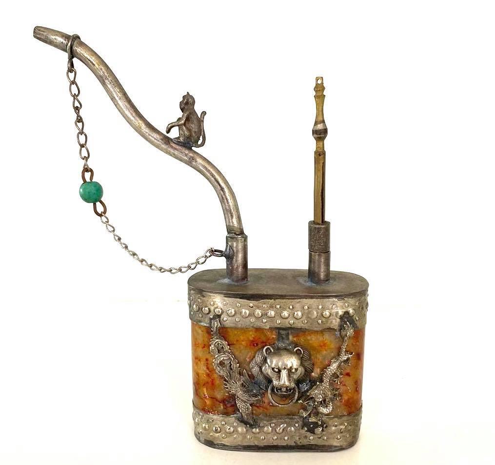 Antique Chinese Jade Smoking Pipe W/ Dragon, Monkey