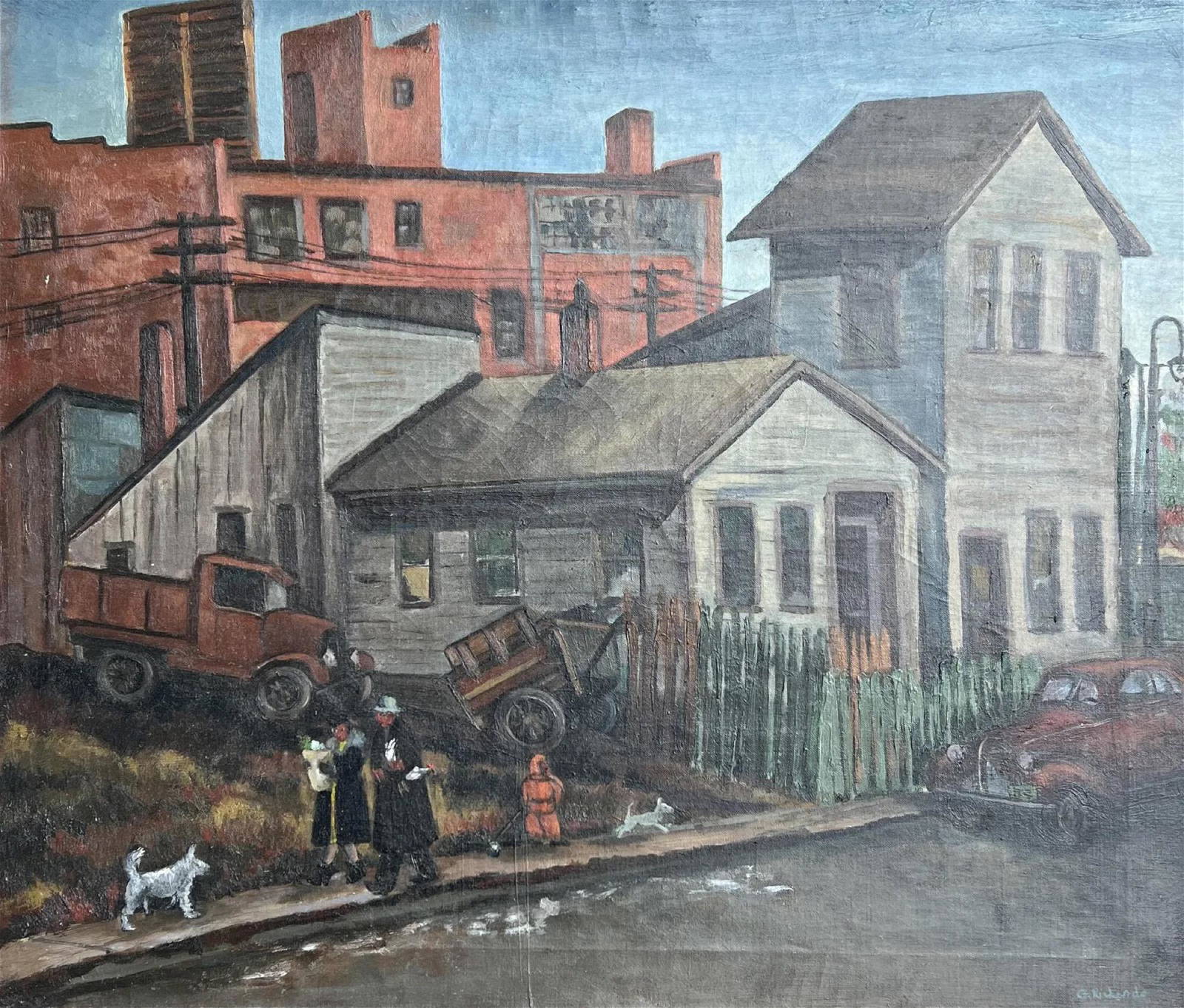 G. Richards Depression Era Neighborhood Shanty Town Oil Painting 1930s ...