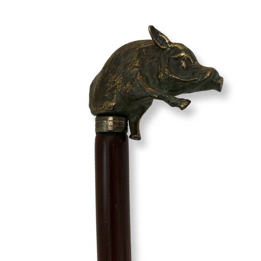 Vintage Bronze & Wood Stick Walking Cane Hog Handle