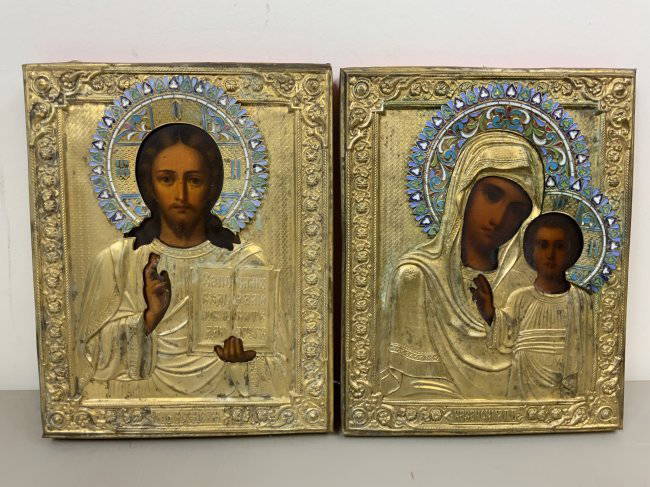 ANTIQUE PAIR OF RUSSIAN ORTHODOX ENAMELED BRONZE OKLAD ICONS 19th CENTURY (#0330) on Jun 24 ...