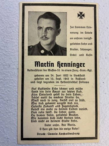 WWII GERMAN PICTURED WAFFEN SS DEATH CARD DIED IN SEPTEMBER 1943 - Sep ...