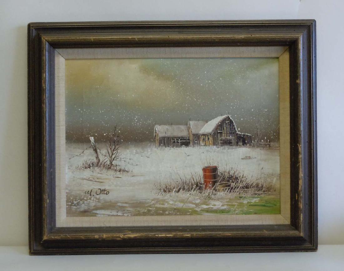 M. Otto Oil Painting Winter Barn Cottage Country Snow