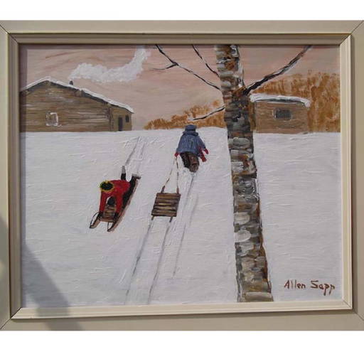 Allen Sapp Children Sledding Winter Oil Painting Canada