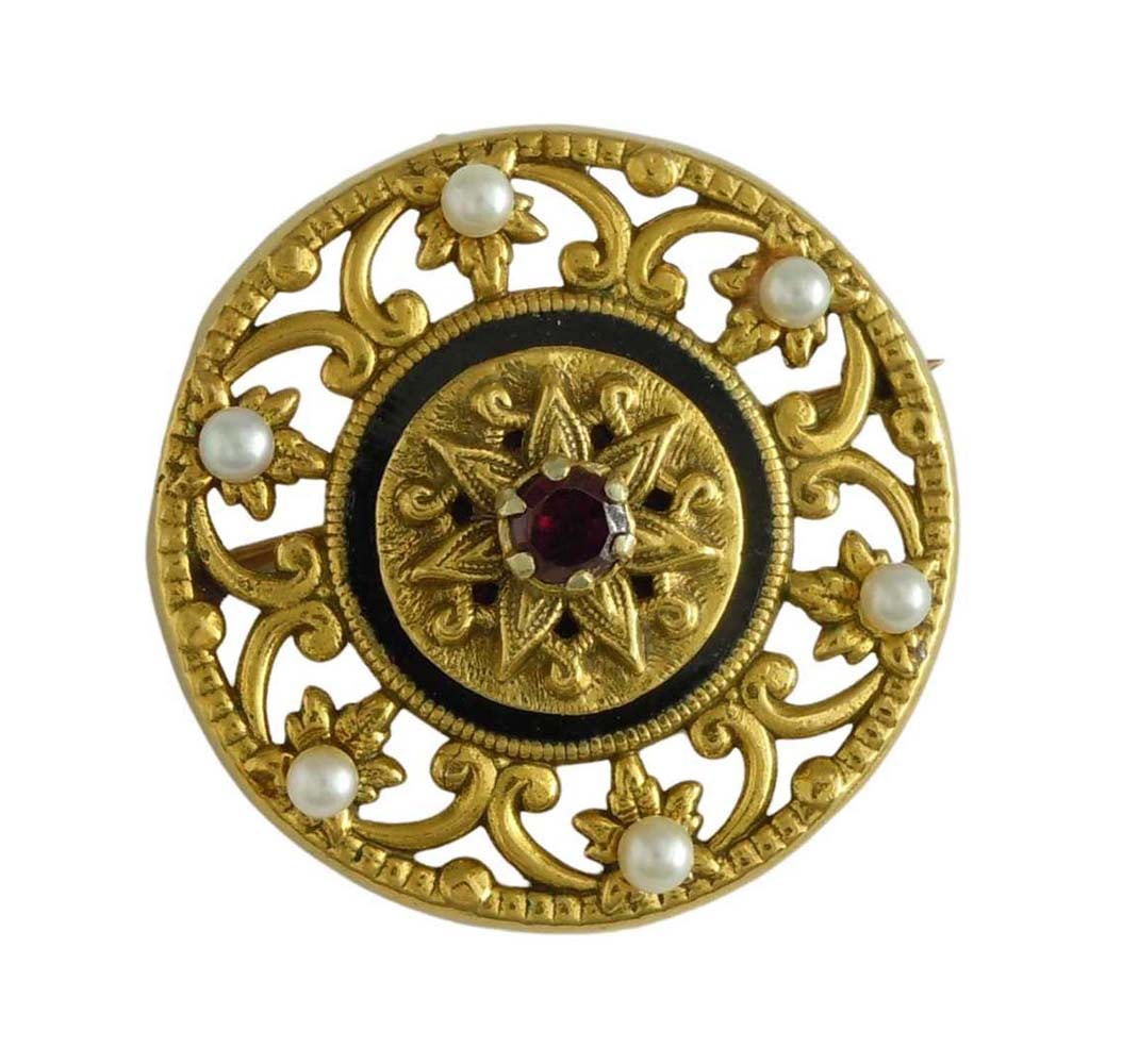 19c Victorian 14k Gold, Black Enamel, Garnet & Pearl Pierced Circle ...
