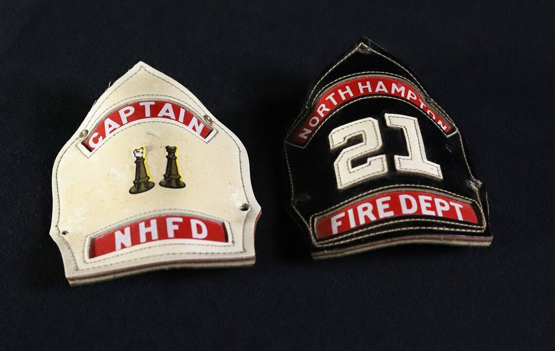 Cairns & Bro Leather Fireman Helmet Badges North Hamptons Fire Dept ...