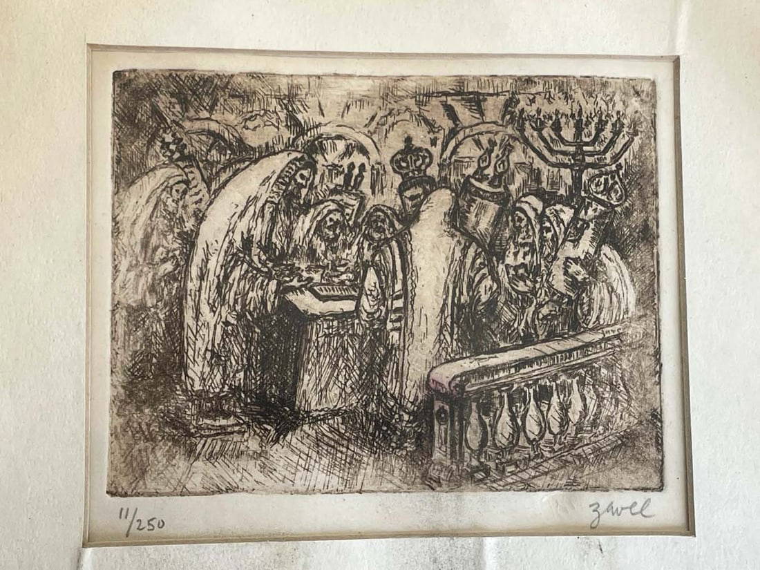 Zavel Silber Etching Rabbi, Torah Scroll, Menorah, & Congregants ...