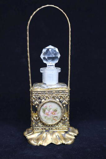 Brass Perfume Caddy With Petit Point Design, Crystal Bottle And Stopper ...