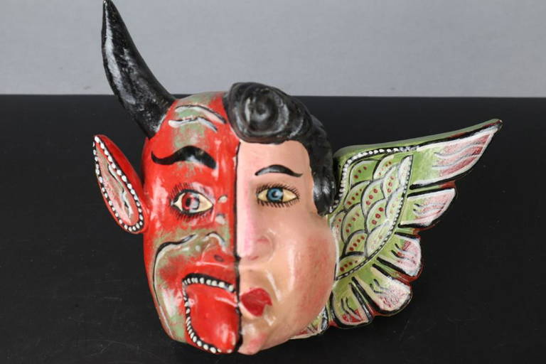 Carved Wood Folk Art Angel/devil Spirit Chaser, 8