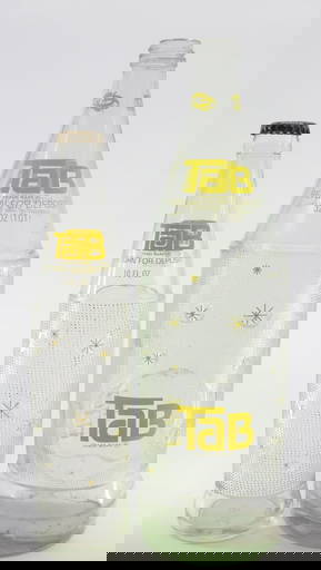 Tab Coca Cola Bottles, Clear Glass With Yellow Atomic Stars, 32oz And 10oz