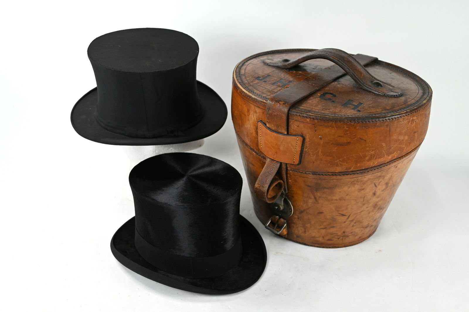 Vintage Leather Top Hat Case And Two Top Hats