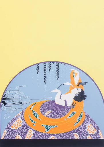 Signed Erte Art Deco Print Woman W Birds 278/300