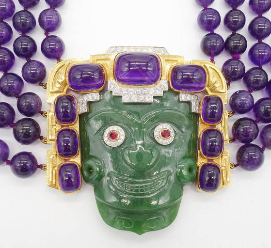 David Webb Ancient World Amethyst Jade Aztec Necklace