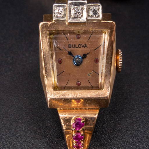 Bulova 14k Rose Gold Retro Ruby Diamond Ladies Watch