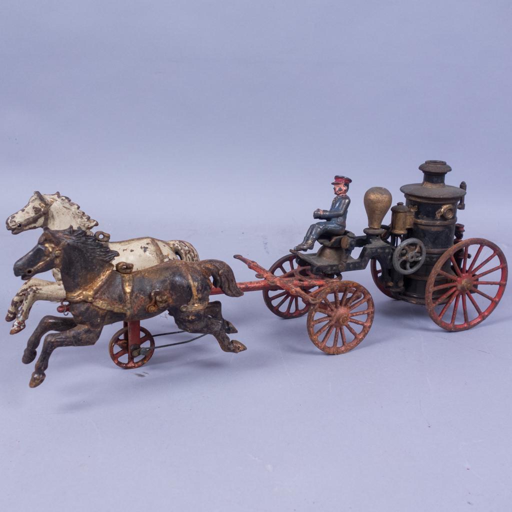 Antique Cast Iron Horse Drawn Fire Tender Phoenix Toy