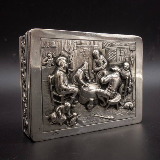 Dutch 800 Silver Repousse Card Playing Scene Box