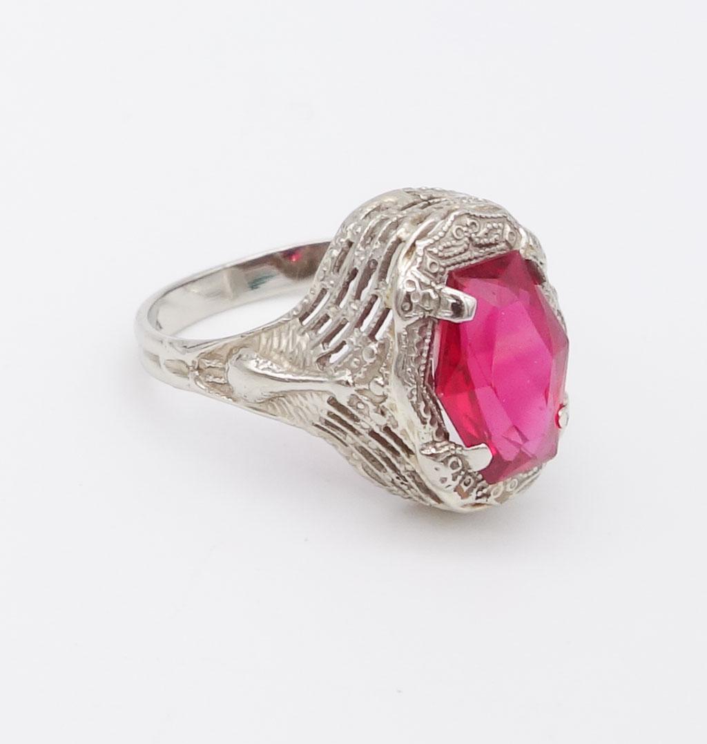 Antique Art Deco 14k White Gold Filigree Ruby Ring Size 4.75