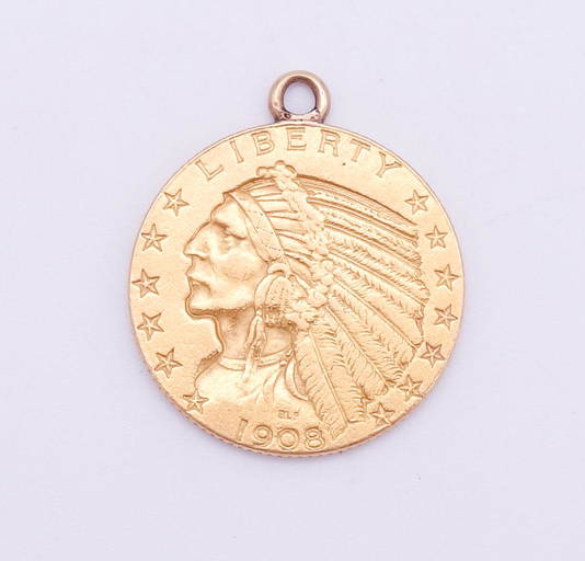 Antique US 1908 Indian Head Gold $5 Half Eagle Coin Pendant (#0317) on ...
