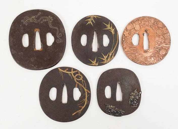 Antique Group Of 5 Japanese Copper And Iron Tsubas Katana Sword Guards