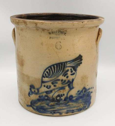 Antique West Troy Ny Pottery Blue Decorated Pecking Hen 6 Gallon ...