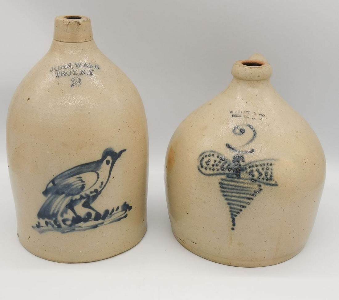 Ny Blue Decorated Stoneware 2 Gallon Jugs Incl John Warr, Troy Bird And ...
