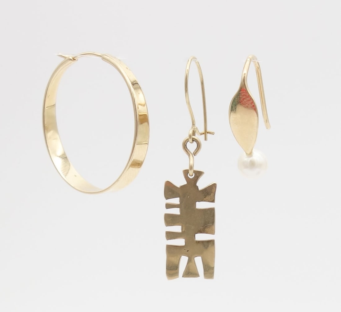 Vintage Lot 3 Designer Ed Levin 14k Gold Earrings Incl Pearl Auction