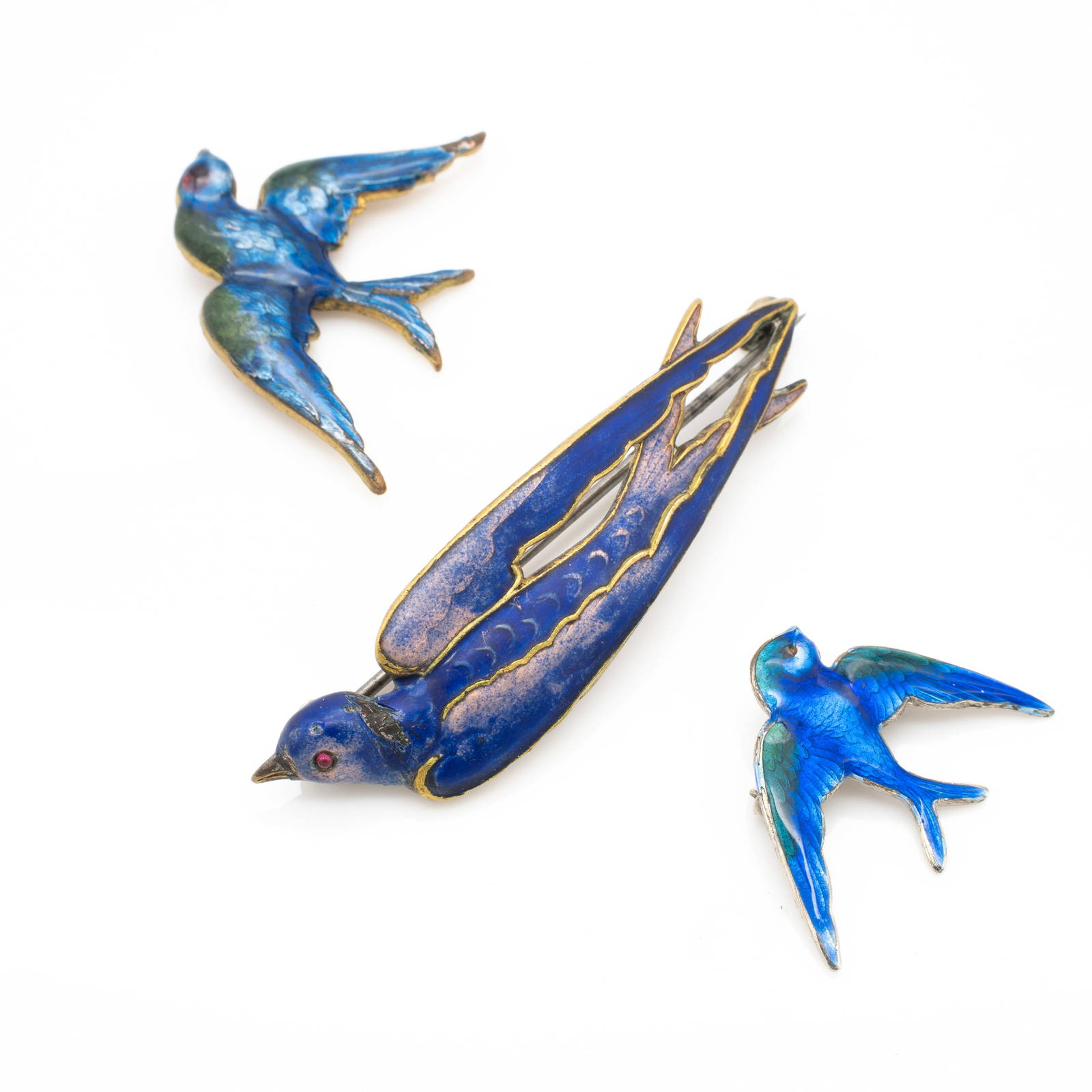 Group Of Antique Enamel Blue Bird Brooches Incl Sterling Silver Auction