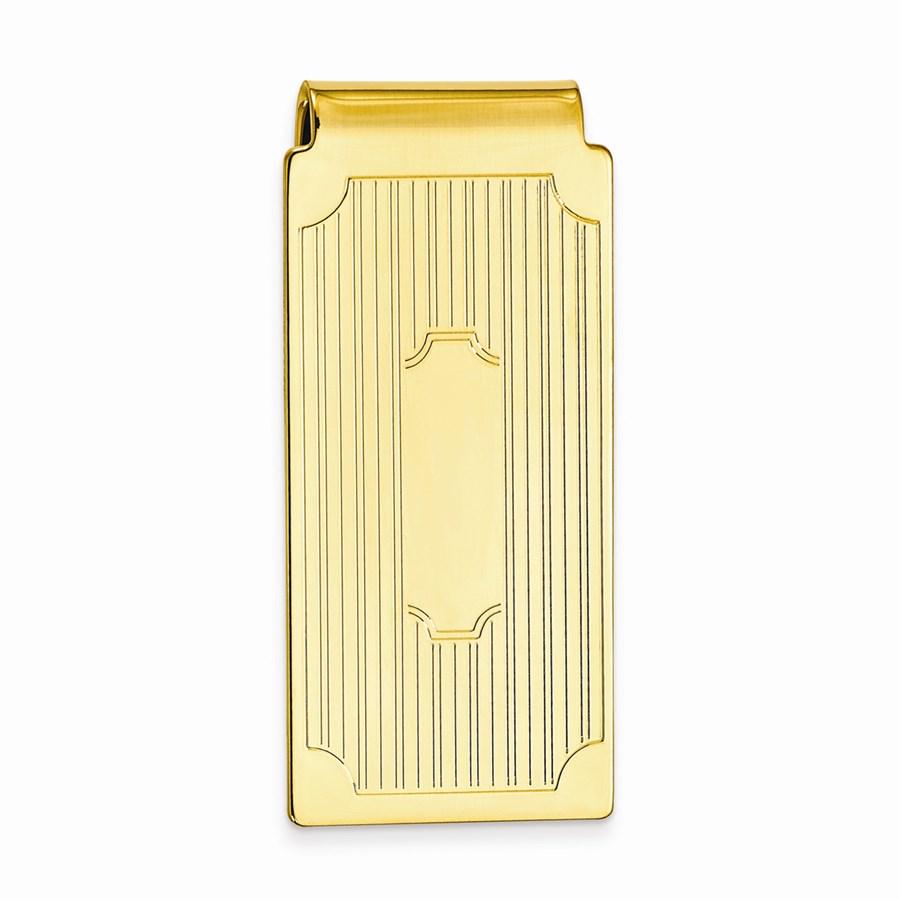 Gold Plated Hinged Money Clip With Lines And Cut Corners