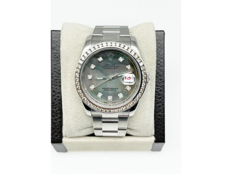 Rolex Datejust Mop Black Tahitian Diamond Dial Diamond Bezel Steel Watch