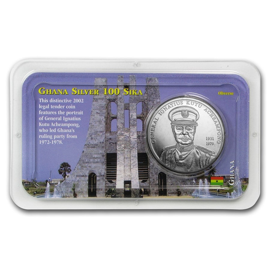 2002 Ghana Silver 100 Sika General Ignatius Kutu Acheampong Bu