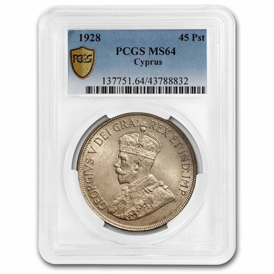 1928 Cyprus Silver 45 Piastre George V Ms 64 Pcgs
