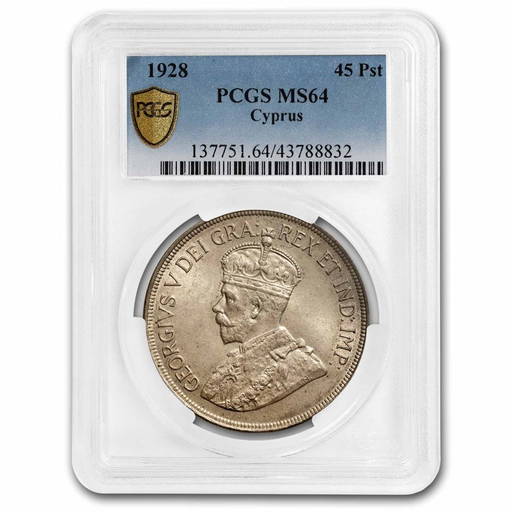 1928 Cyprus Silver 45 Piastre George V Ms 64 Pcgs